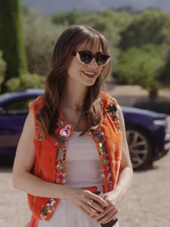 Emily In Paris S03 Lily Collins Orange Embroidered Vest